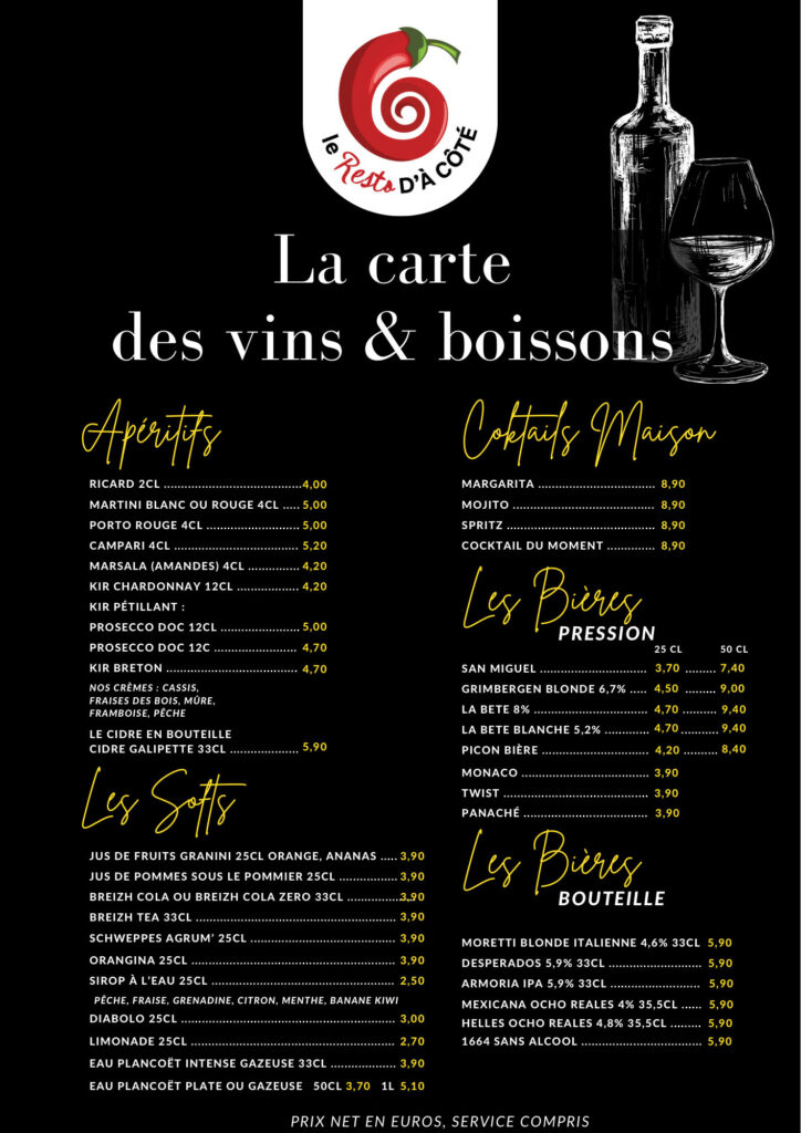 La Carte – Vins & Boissons – LE RESTO D'À CÔTÉ